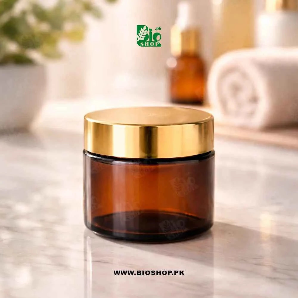 Amber Glass Cosmetic Jar with Luxury Gold Lid – Multi-Size (10g - 100g ...